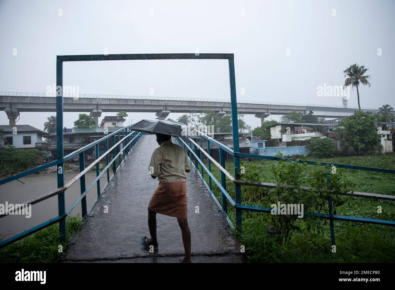 A man walks carrying an umbrella during monsoon rains in Kochi, Kerala ...