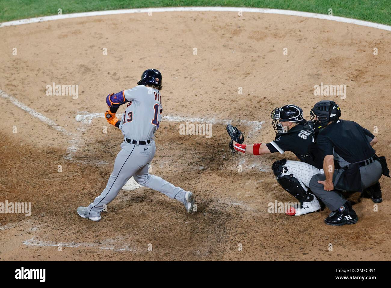 Detroit Tigers catcher Eric Haase (13) hits a two-run home run off ...