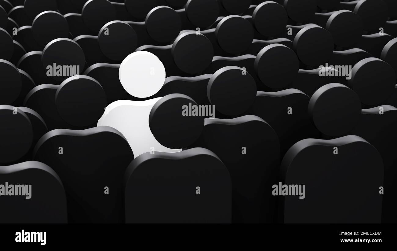 One painted individual among group of people figures. Different ...