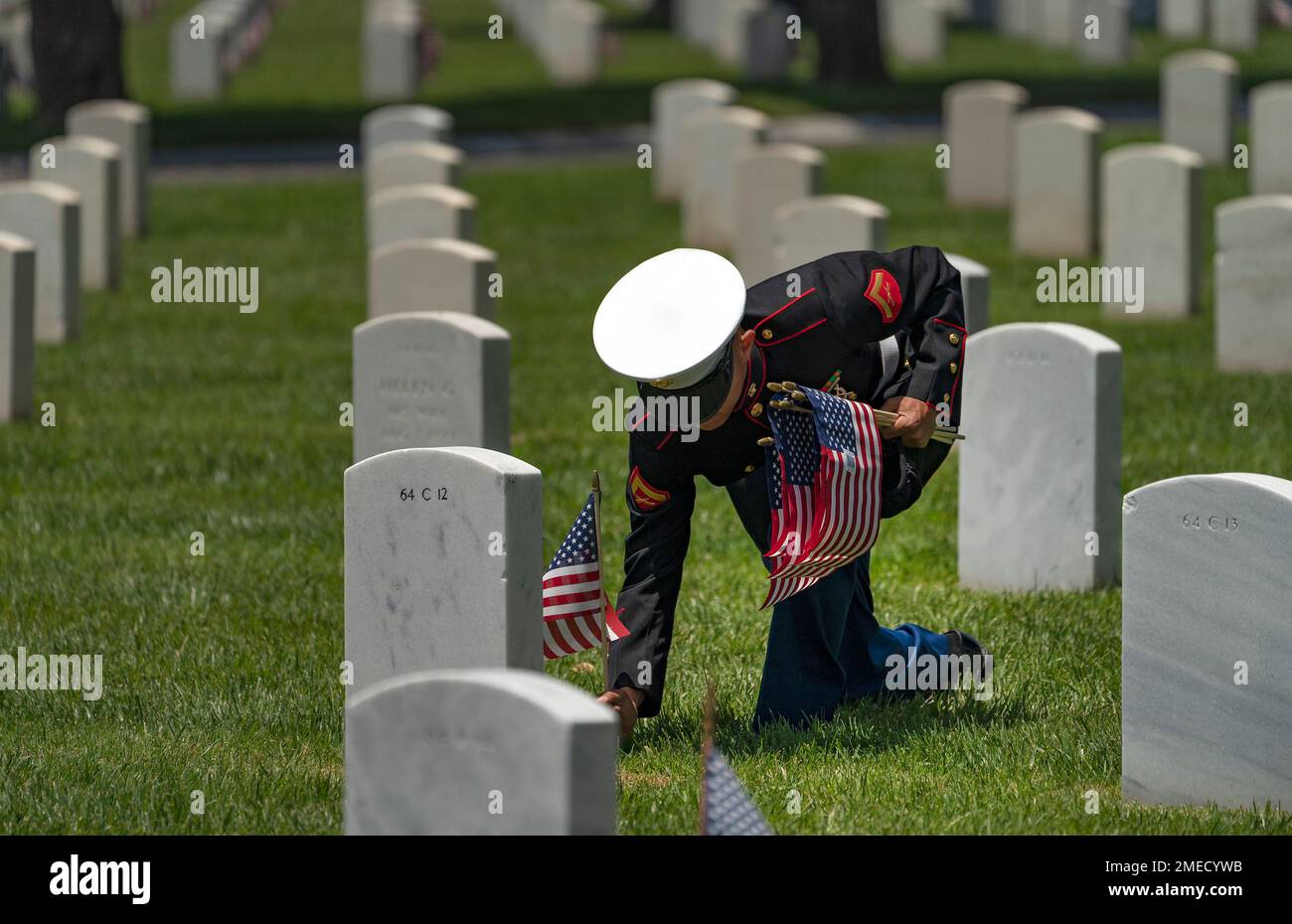 A member of the U.S. Marine Corps honors veterans graves at the Los ...