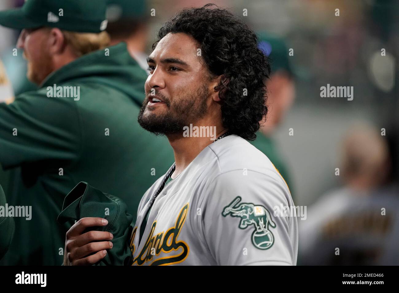 Oakland Athletics starting pitcher Sean Manaea stands in the dugout ...