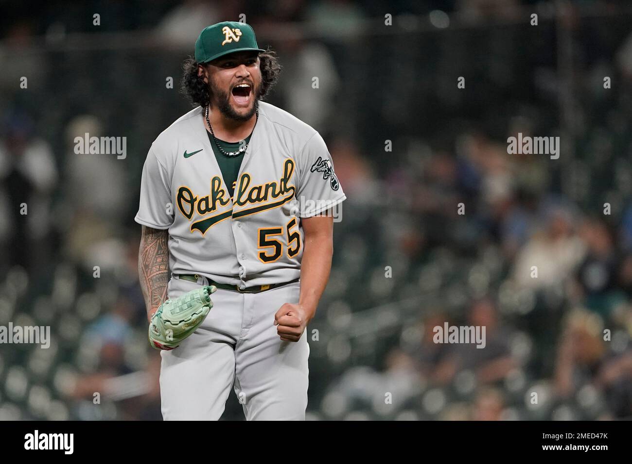 Oakland Athletics starting pitcher Sean Manaea reacts after the final ...