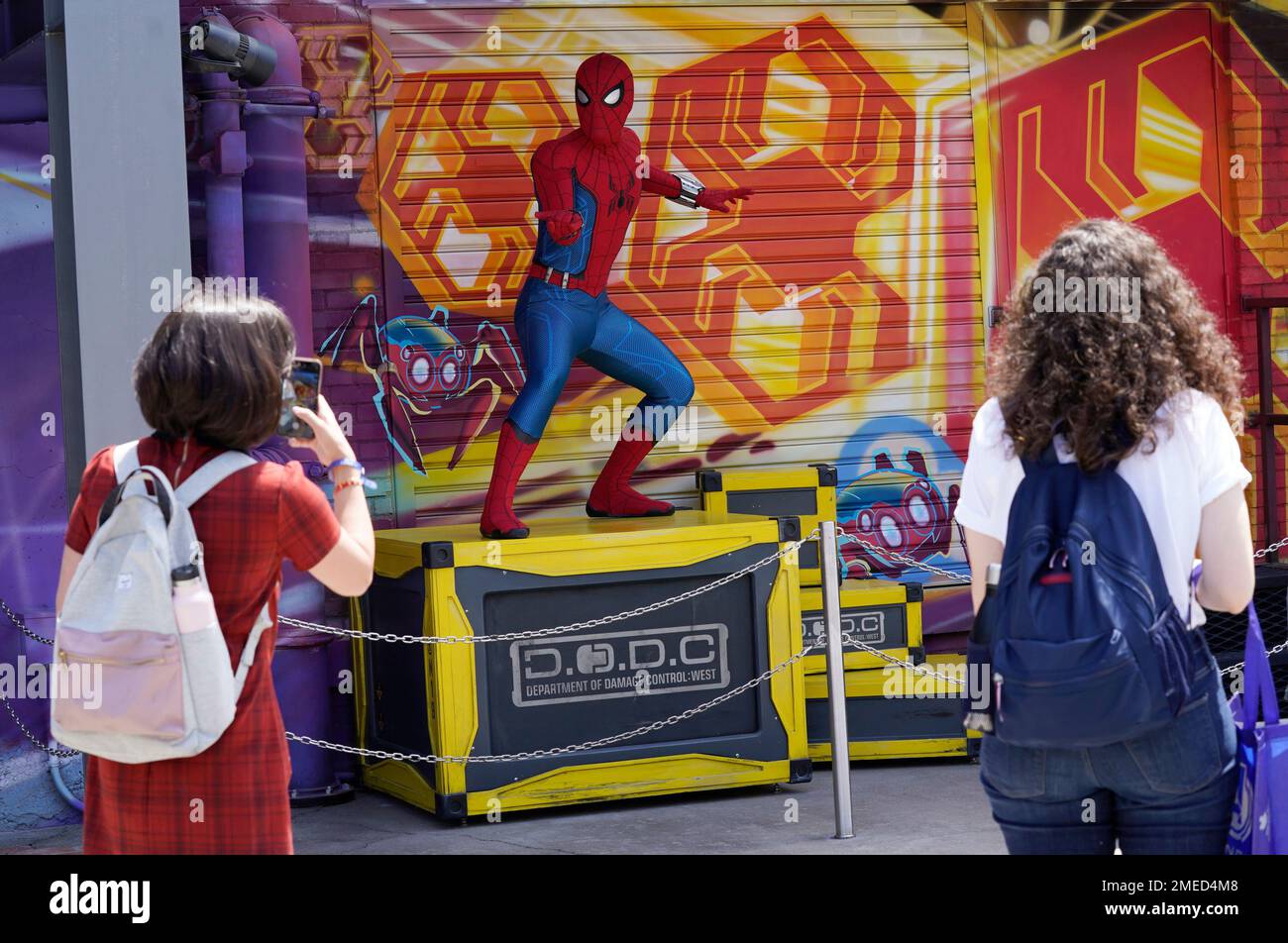 A Spider-Man character poses for guests following "The Amazing Spider ...