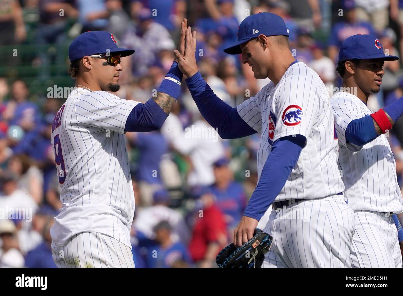 Chicago Cubs' Javier Baez, left, and Anthony Rizzo celebrate the team's ...