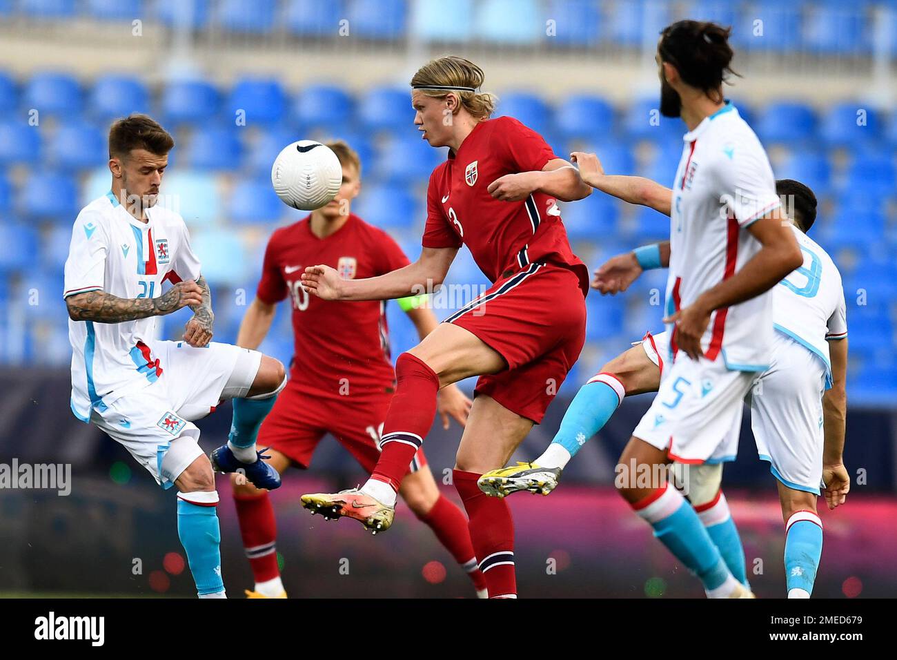 Norwegian's Erling Haaland fights for the ball against Luxembourg's ...