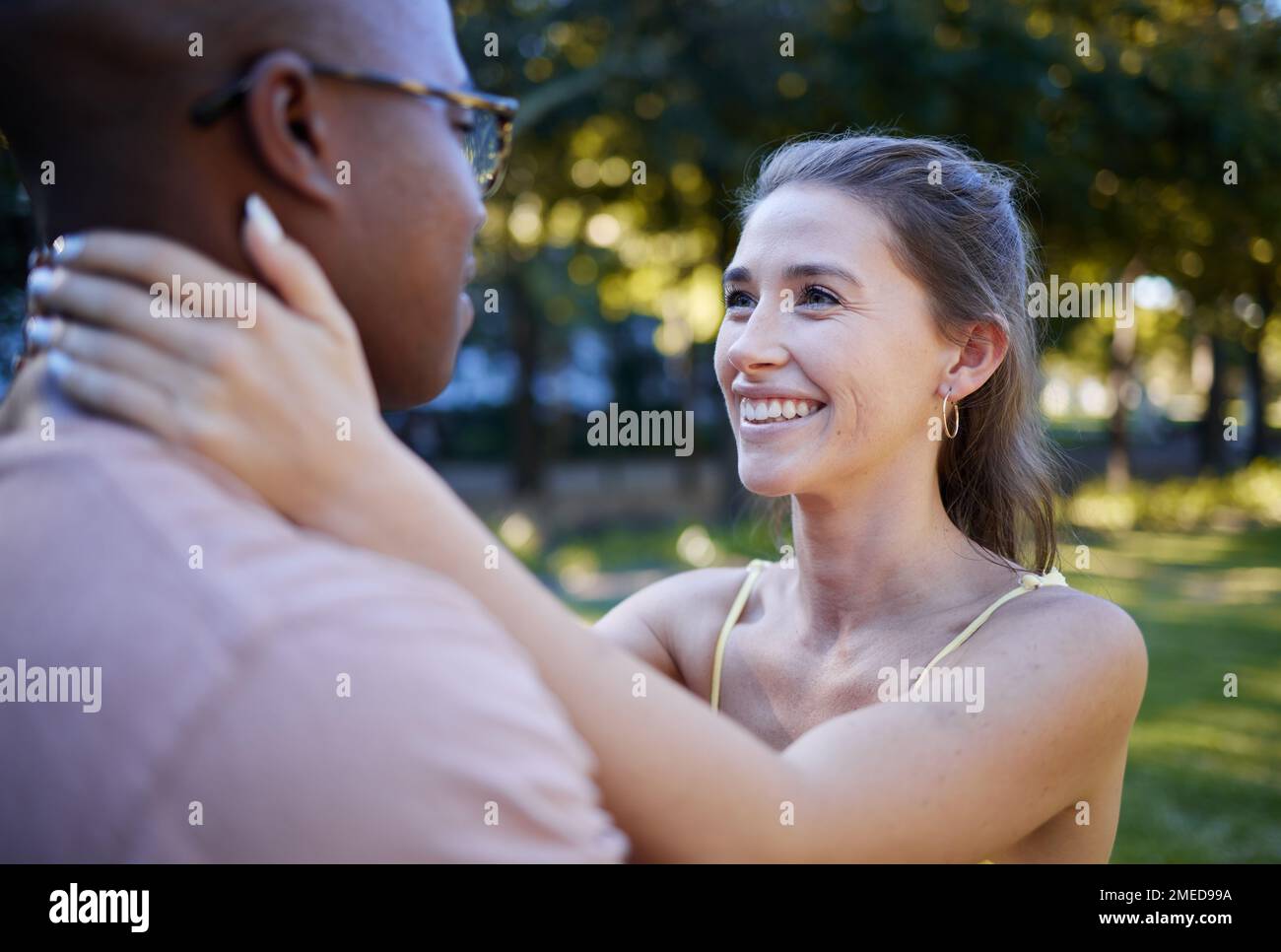 Interracial Love Couple And Park For Date Summer Holiday And Outdoor