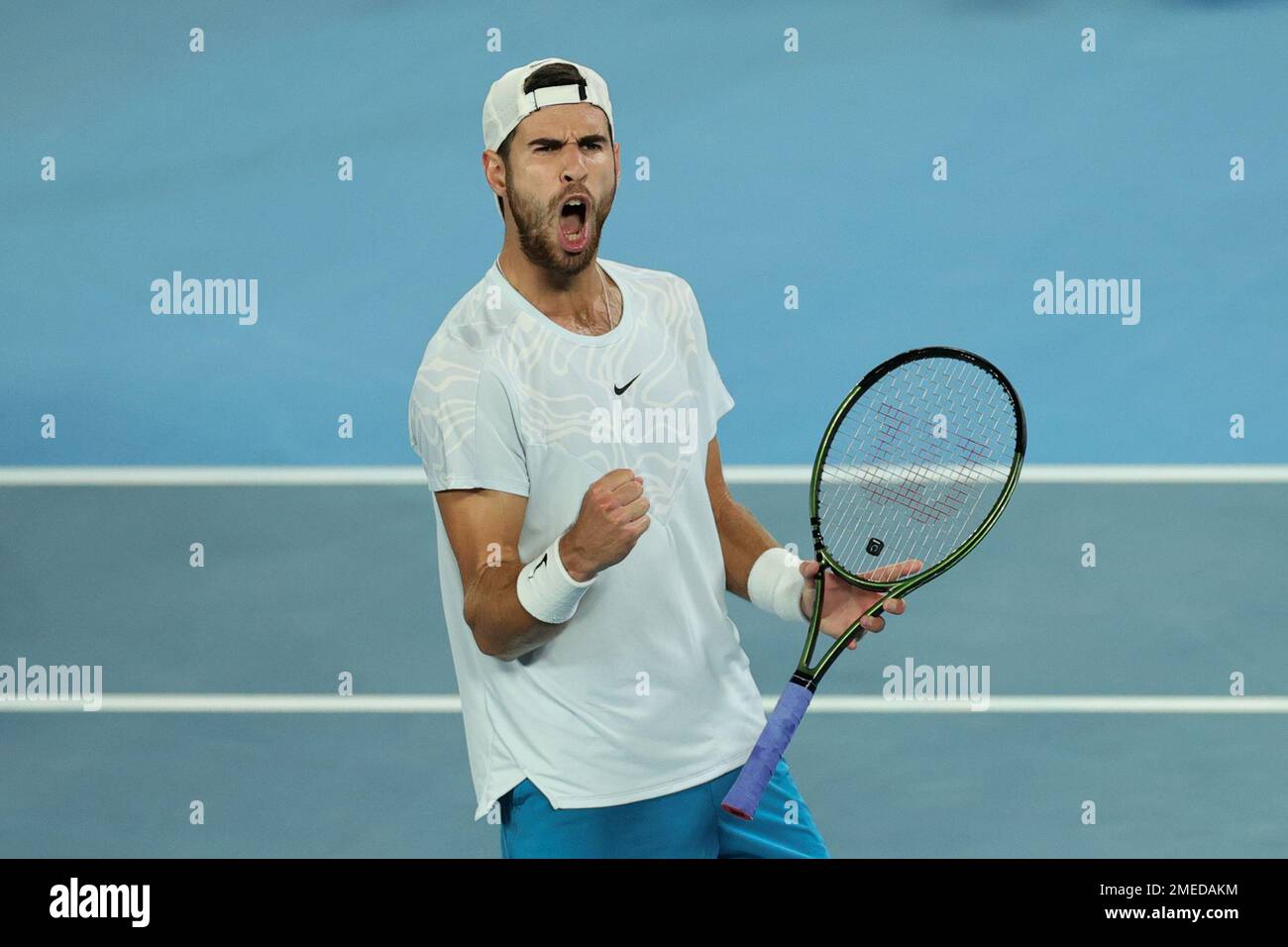 Melbourne, Australia. 24th Jan, 2023. Karen Khachanov in action against Sebastian Korda of USA ...