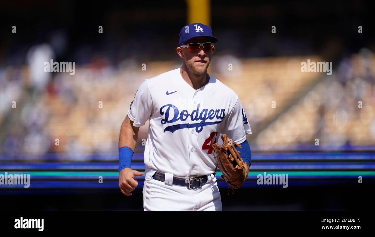 Los Angeles Dodgers right fielder Matt Beaty (45) runs to the dugout ...