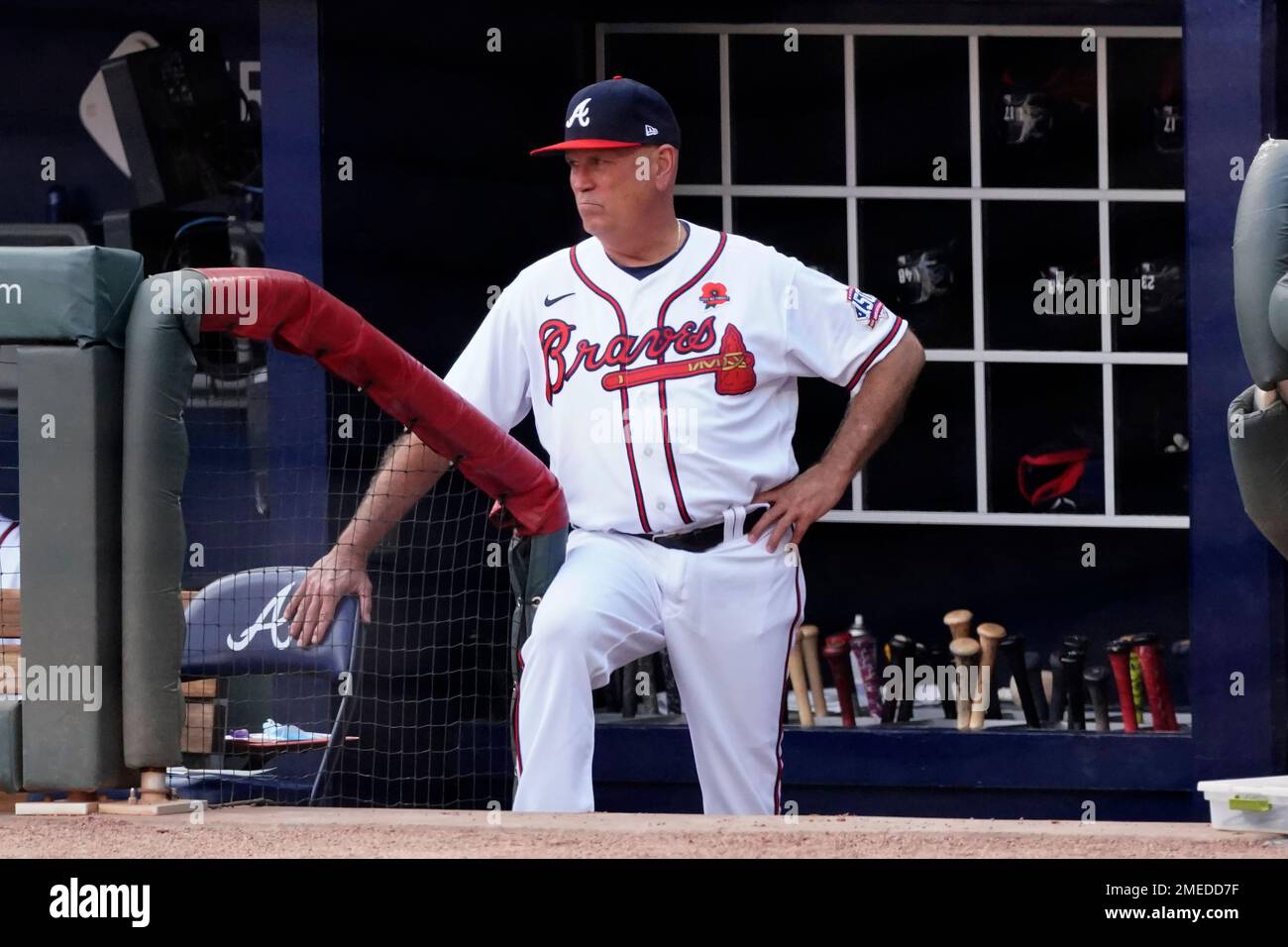 Atlanta Braves manager Brian Snitker watches from the dugout as his ...