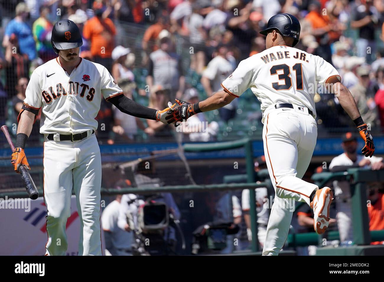 San Francisco Giants' LaMonte Wade Jr. (31) is congratulated by ...