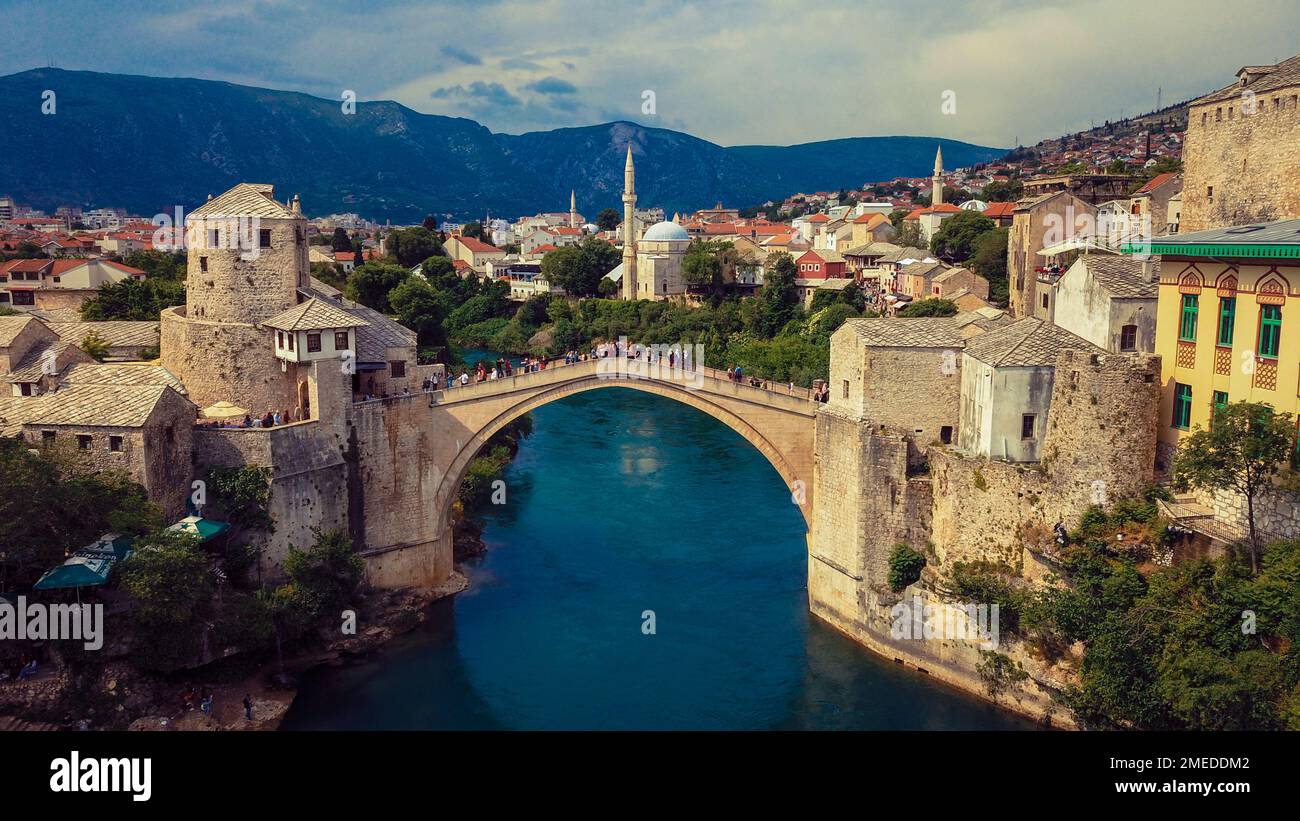 Aerial View to the Old Bridge in the heart of the Old City of Mostar ...