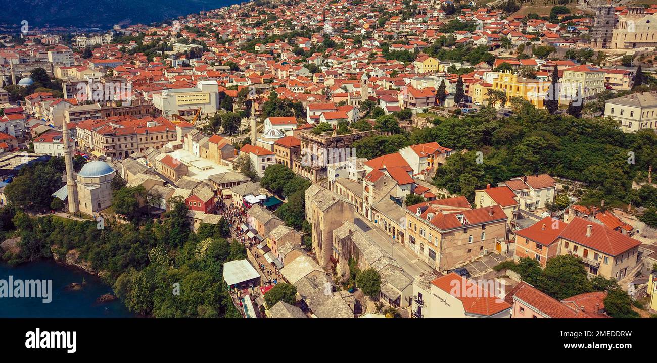Aerial View to the Old Bridge in the heart of the Old City of Mostar ...
