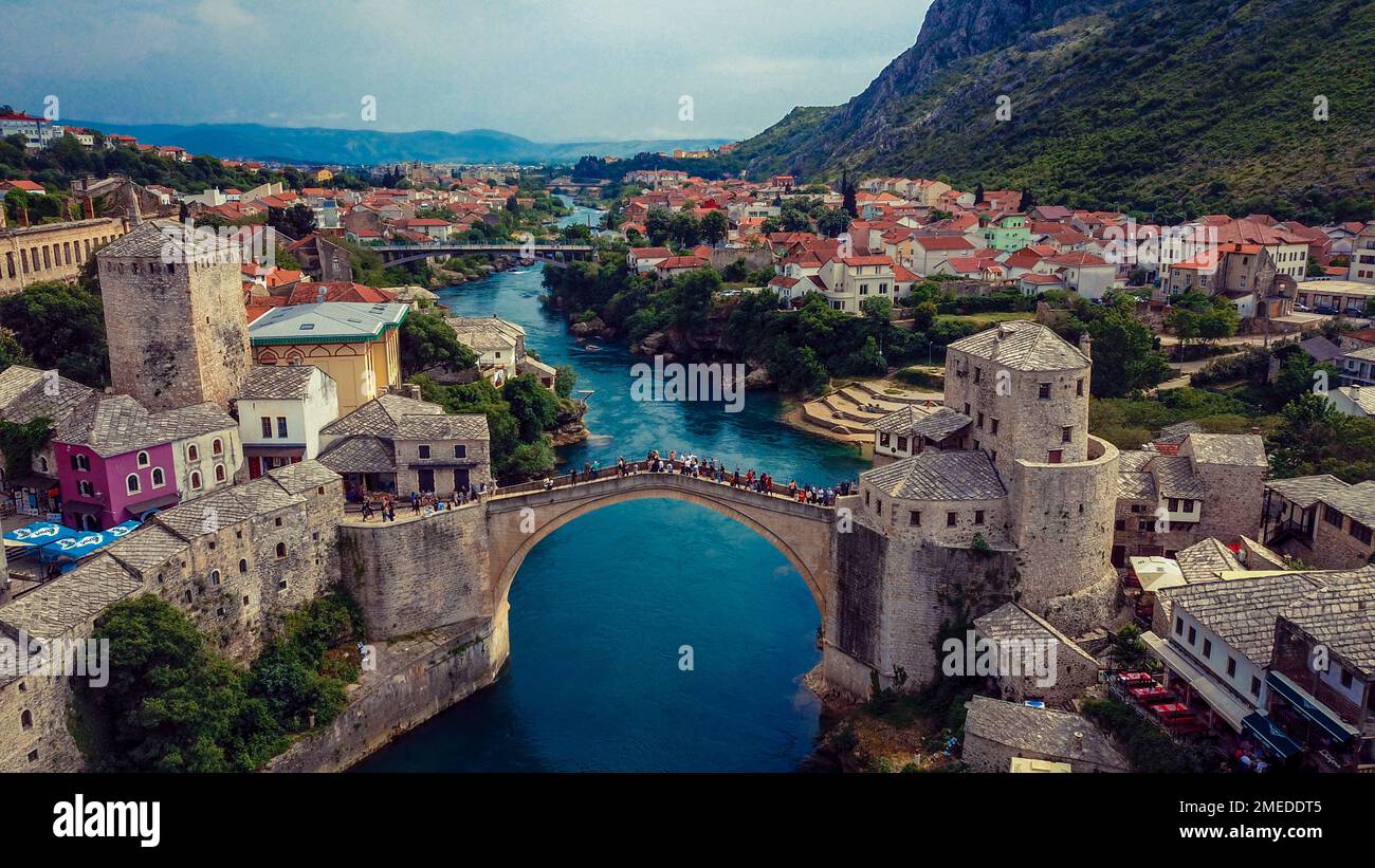 Aerial View to the Old Bridge in the heart of the Old City of Mostar ...