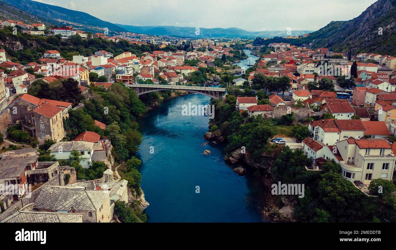 Aerial View to the Old Bridge in the heart of the Old City of Mostar ...