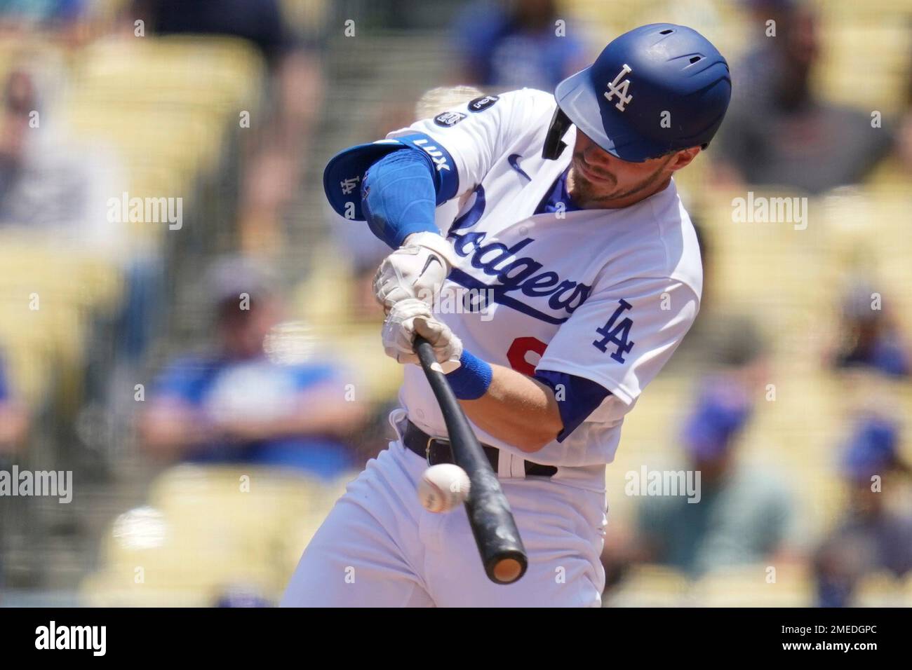 Los Angeles Dodgers' Gavin Lux (9) doubles during the second inning of ...