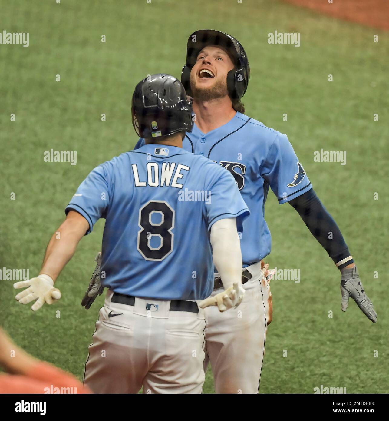 Tampa Bay Rays' Brandon Lowe (8) celebrates with Brett Phillips after ...