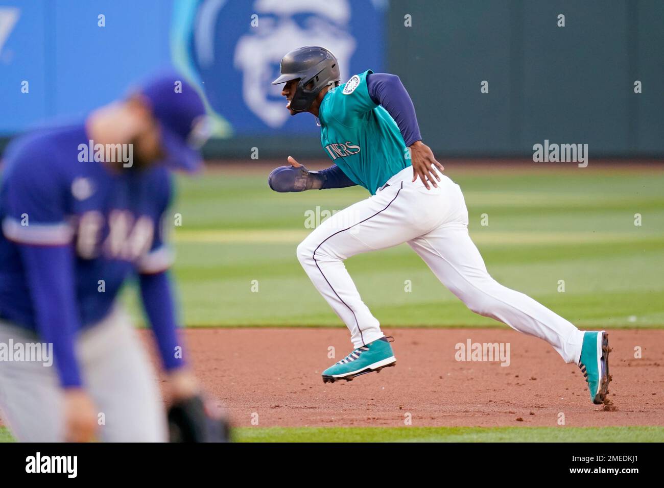 Seattle Mariners' Kyle Lewis in action against the Texas Rangers in a ...