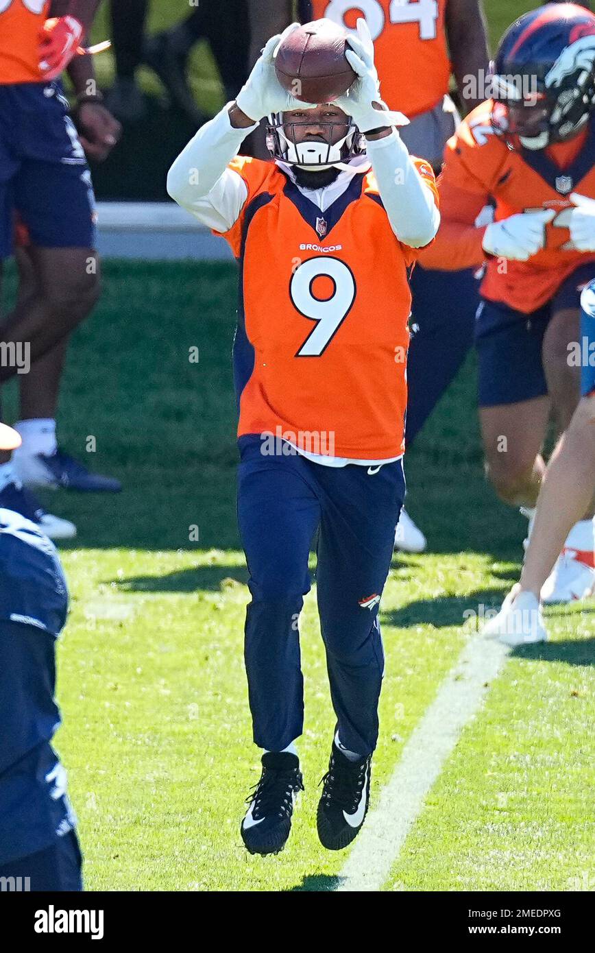 Denver Broncos wide receiver Kendall Hinton (9) runs a drill during an ...