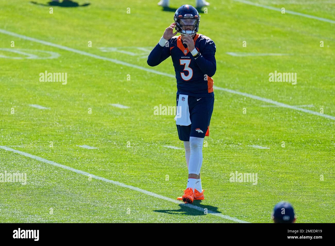 Denver Broncos quarterback Drew Lock (3) runs a drill during an NFL ...