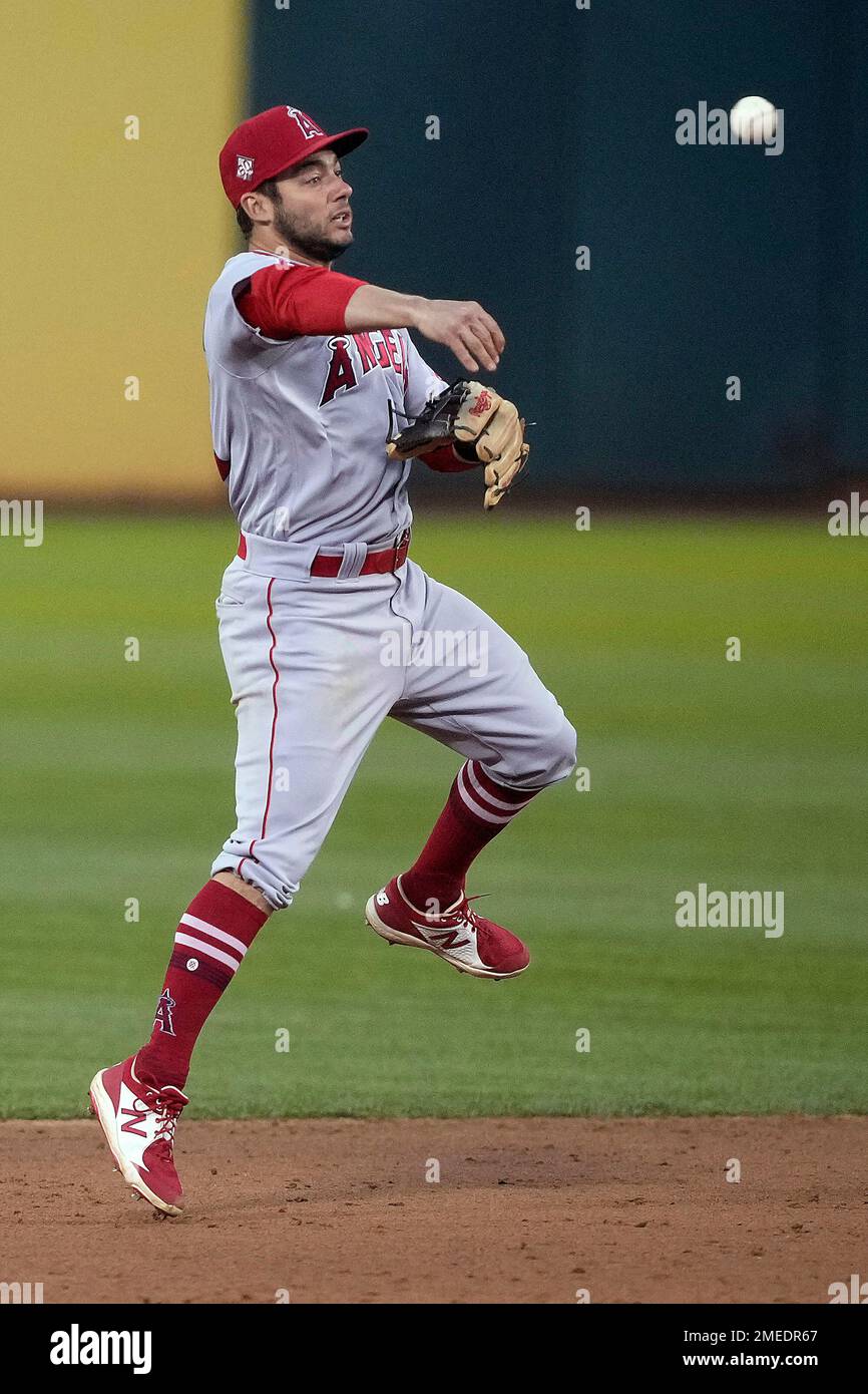 Los Angeles Angels shortstop David Fletcher throws to first base for ...