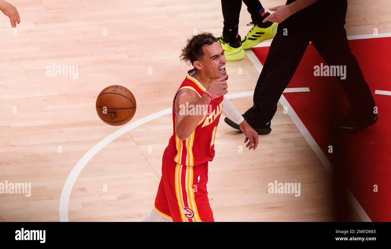 Atlanta Hawks' Trae Young (11) gestures to the crowd during the second ...