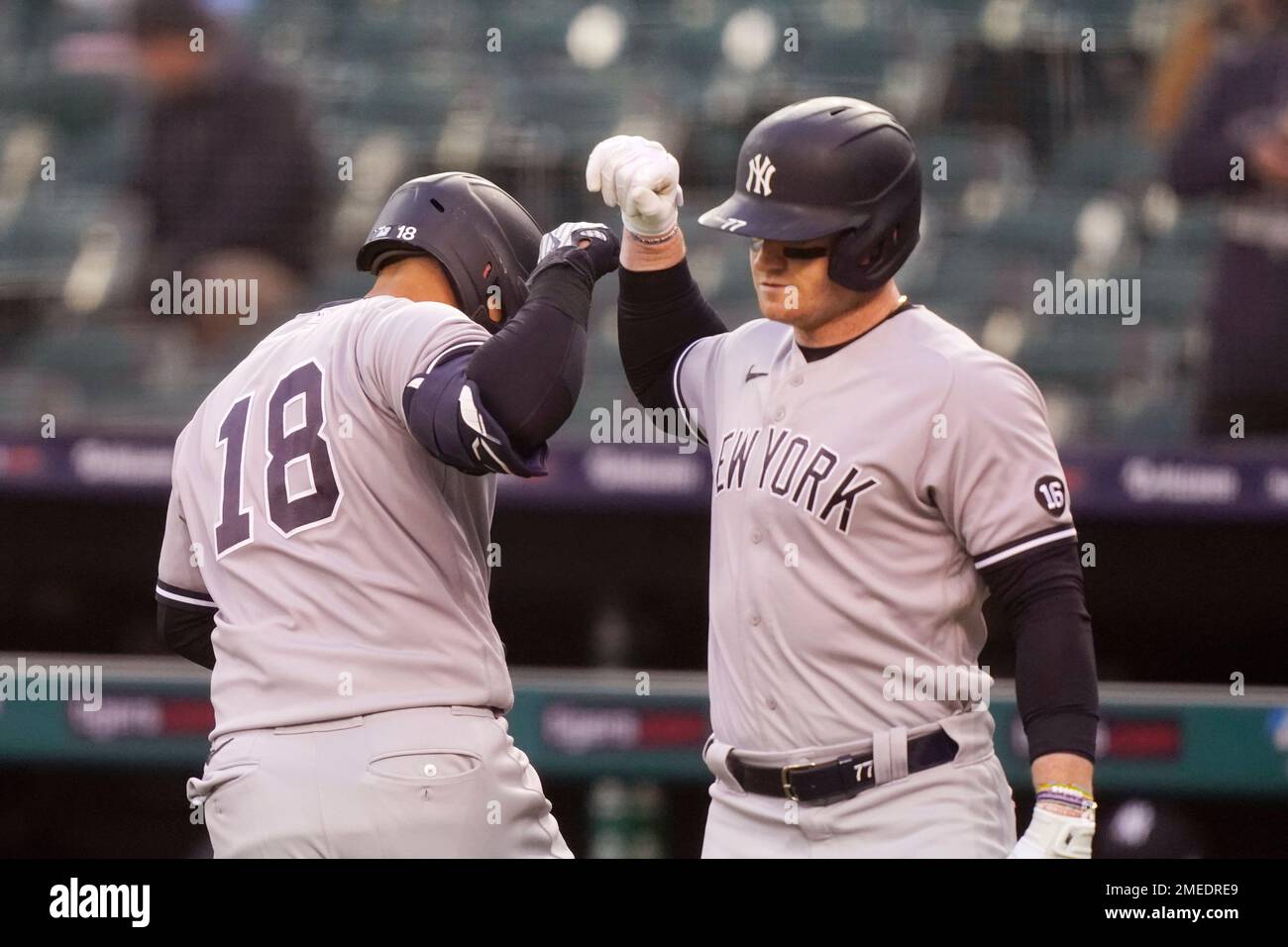 New York Yankees' Rougned Odor is greeted by Clint Frazier after a solo ...