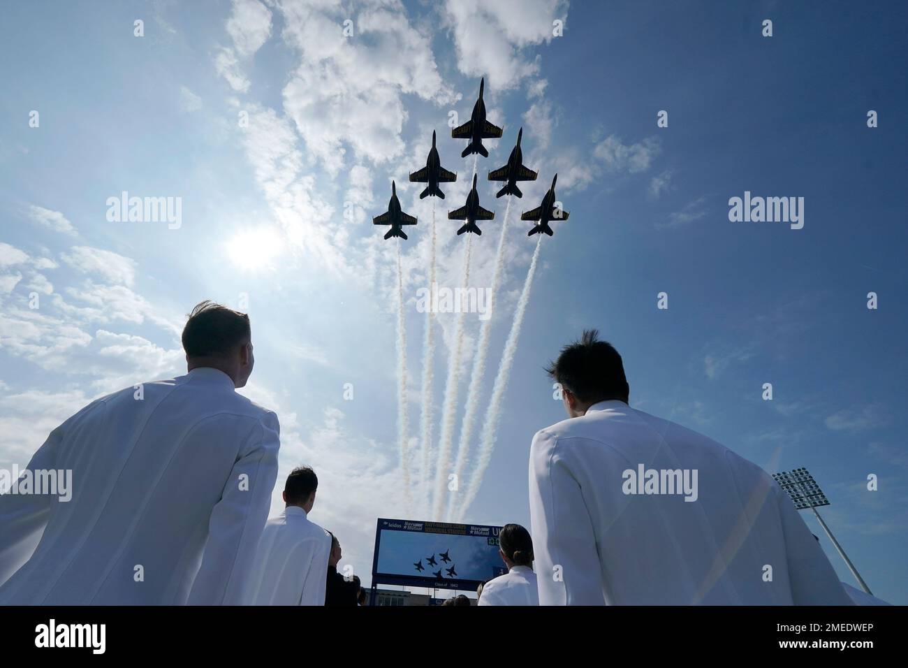 The Blue Angels fly over the graduation and commissioning ceremony at ...