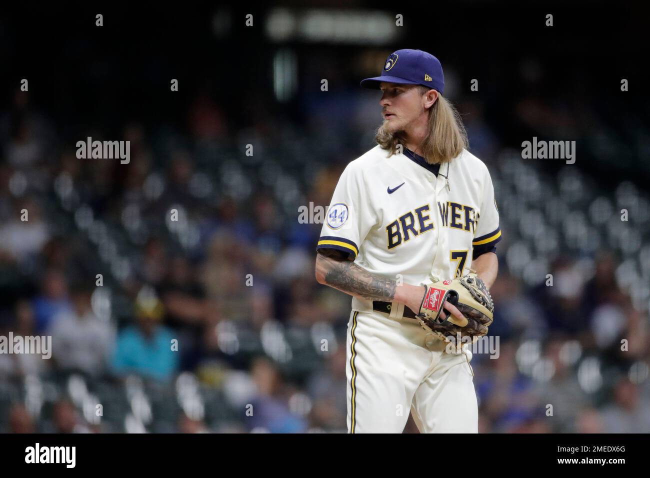 Milwaukee Brewers' Josh Hader pitches during the ninth inning of a ...