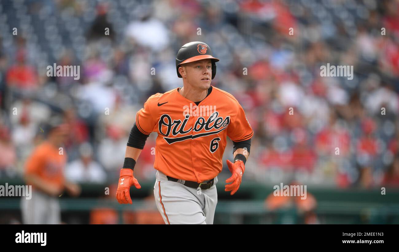 Baltimore Orioles' Ryan Mountcastle runs to first during a baseball ...