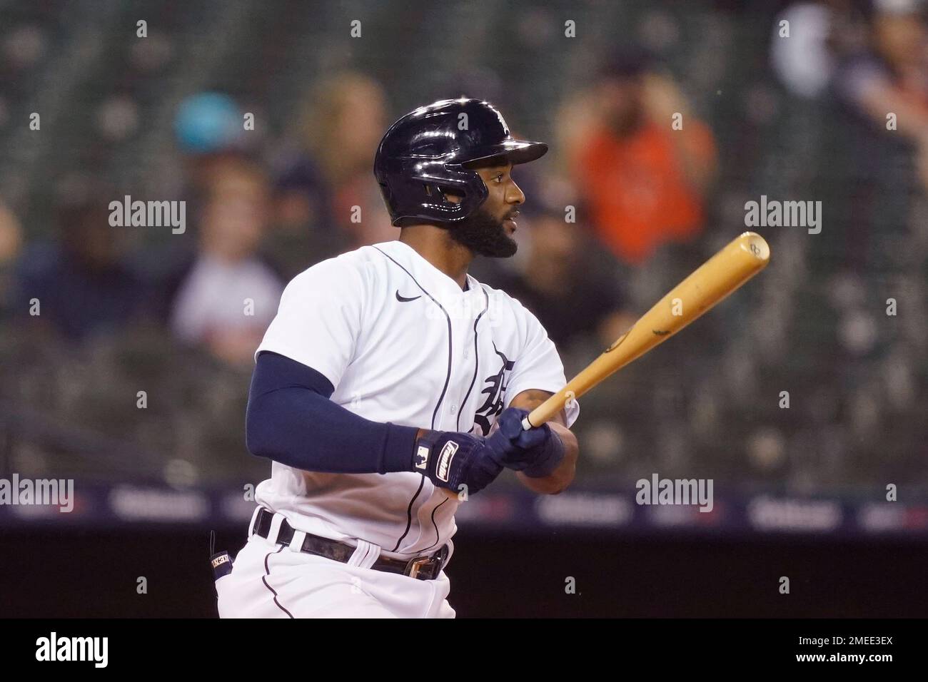 Detroit Tigers' Niko Goodrum watches his double to deep center during ...