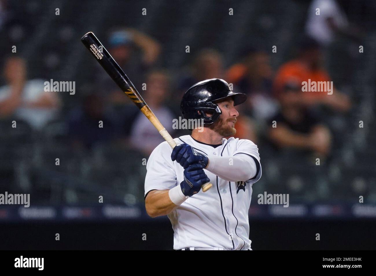 Detroit Tigers' Robbie Grossman watches his RBI sacrifice fly during ...