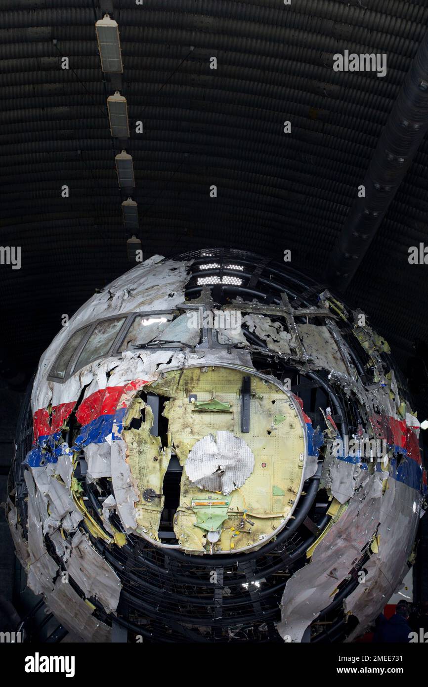 View of the reconstructed wreckage of Malaysia Airlines Flight MH17, at ...