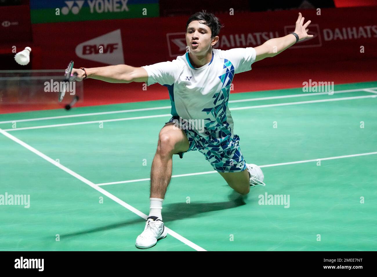 India's Priyanshu Rajawat returns a shot to Denmark's Victor Svendsen ...