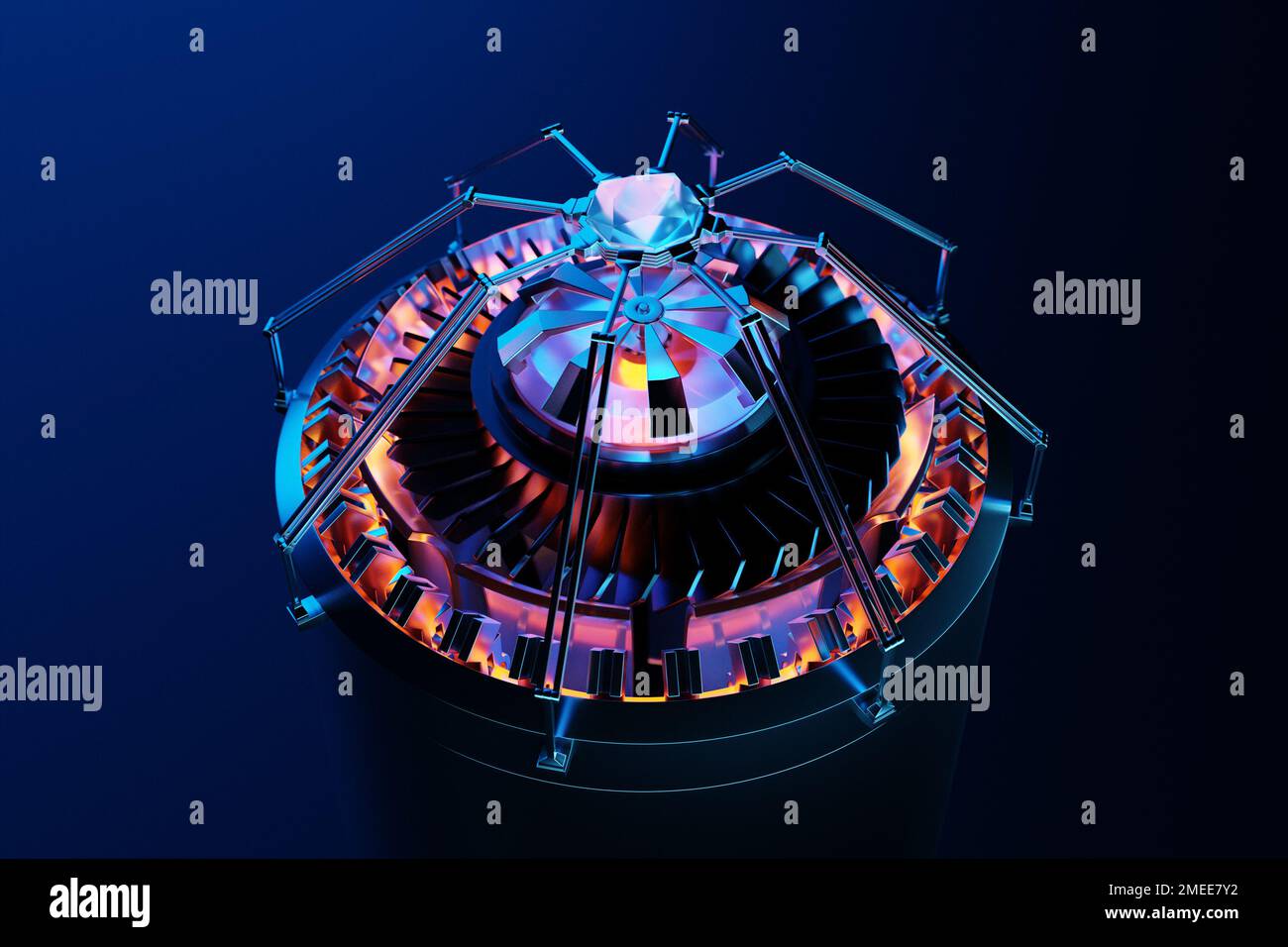 3D rendering future engine rocket turbine technology under blue and ...