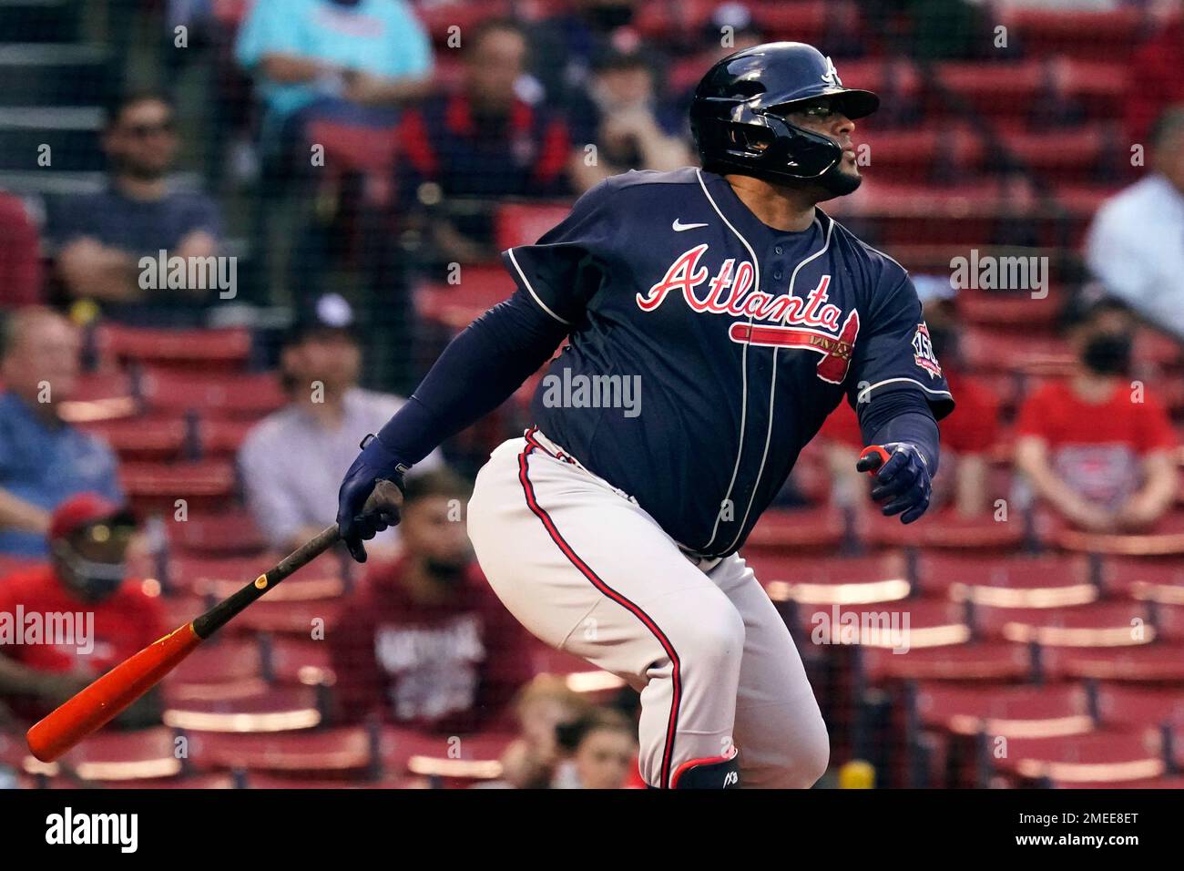 Atlanta Braves' Pablo Sandoval watches his single during the second ...
