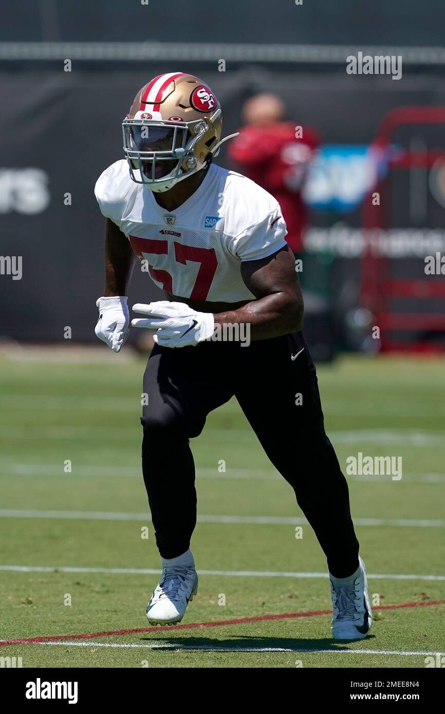 San Francisco 49ers linebacker Dre Greenlaw runs at the team's NFL ...