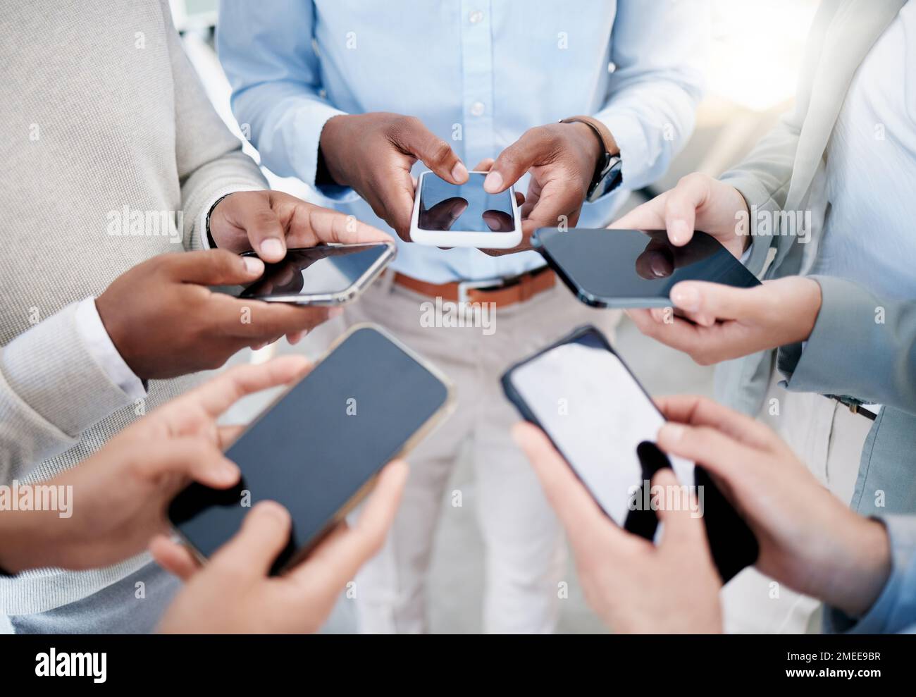 Smartphone in hands, technology and business people with collaboration ...