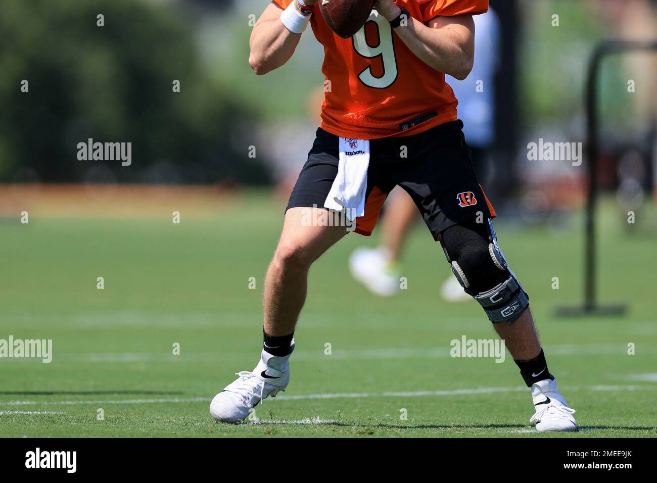 A view of the knee brace worn by Cincinnati Bengals Joe Burrow during ...