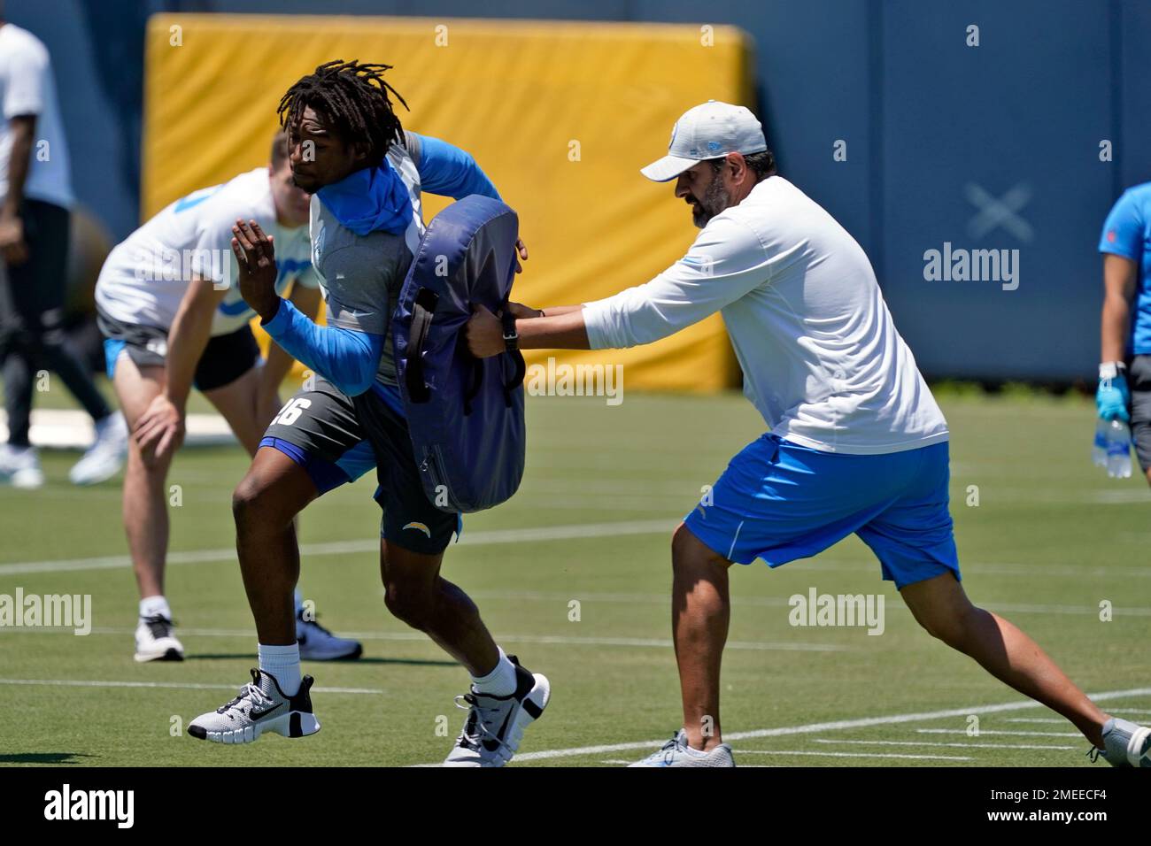 Los Angeles Chargers cornerback Asante Samuel Jr., left, runs drills ...
