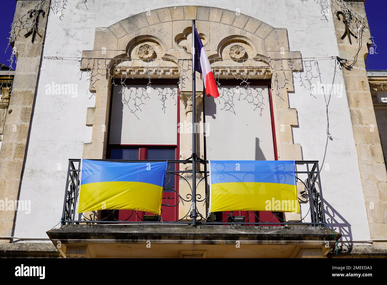 flag ukraine on french city hall facade ukrainian National flag with ...