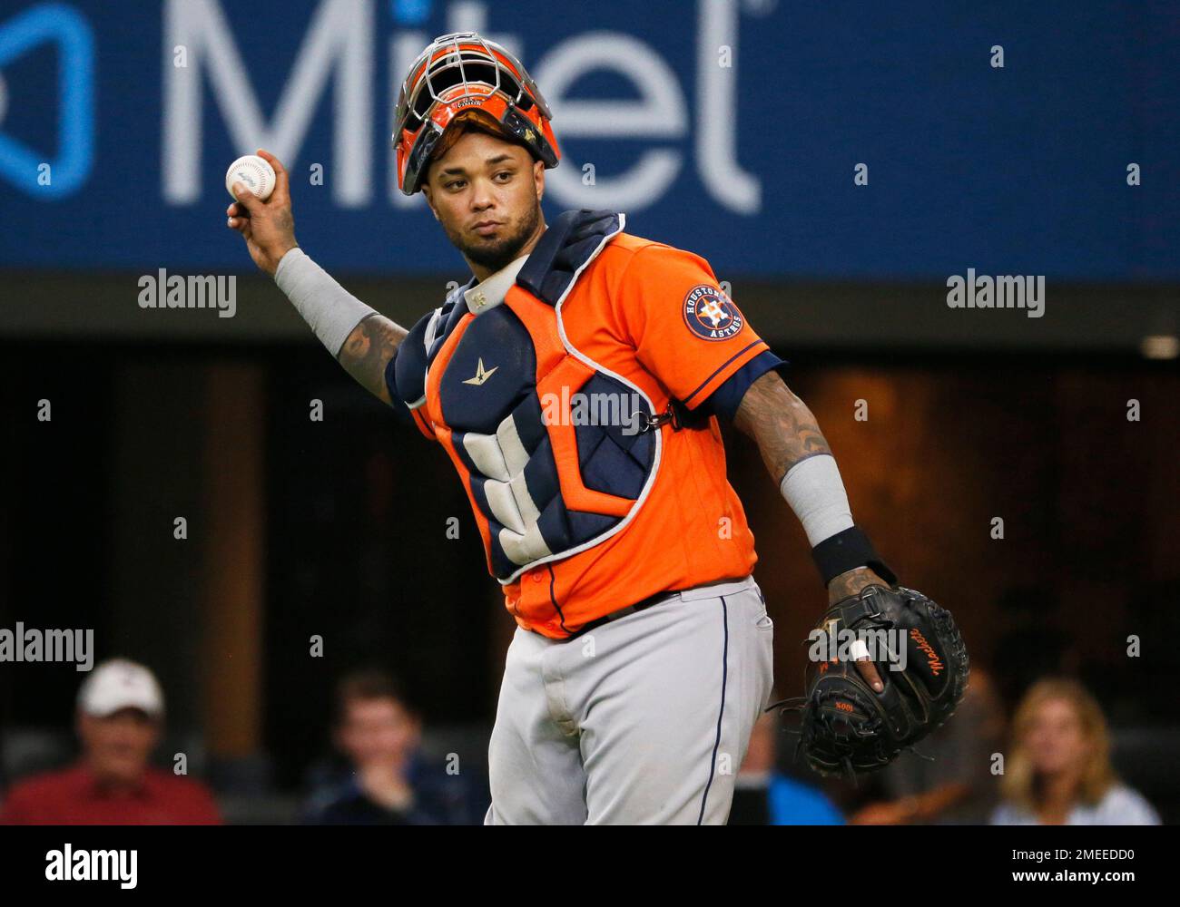 Houston Astros catcher Martin Maldonado looks towards the dugout after ...