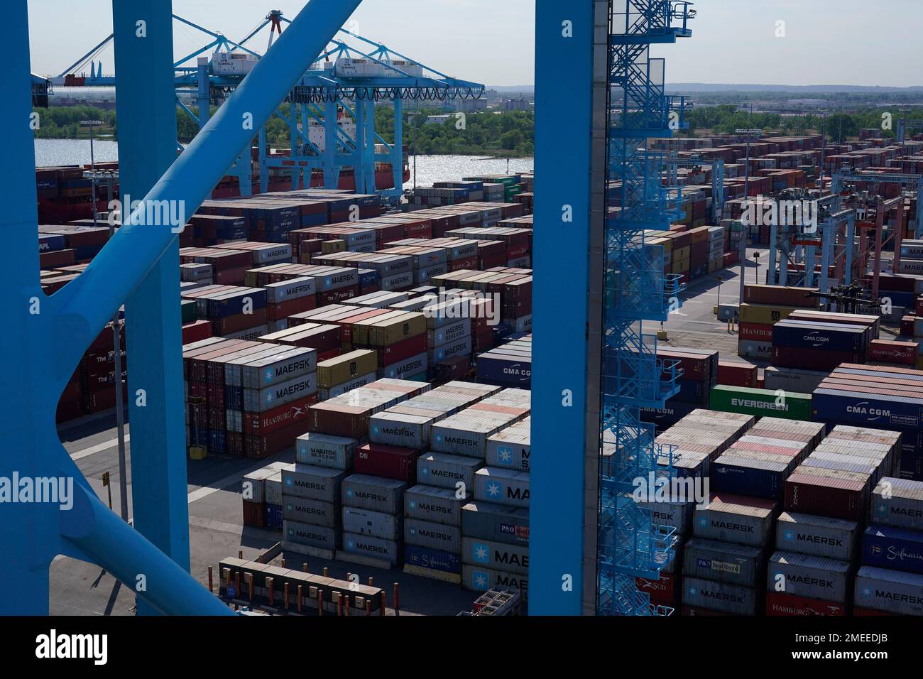 Shipping containers are stacked in the Port of New York and New Jersey ...