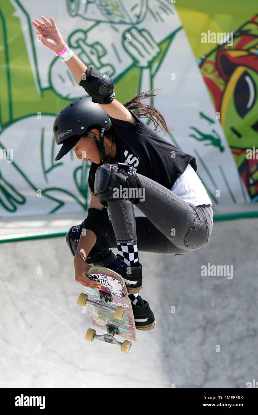 Kokona Hiraki, of Japan, competes in the women's Park Final during an ...