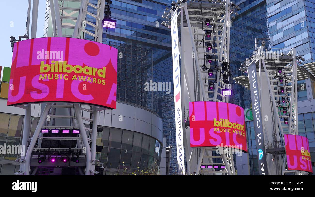 Screens with event signage appear at the Billboard Music Awards on ...