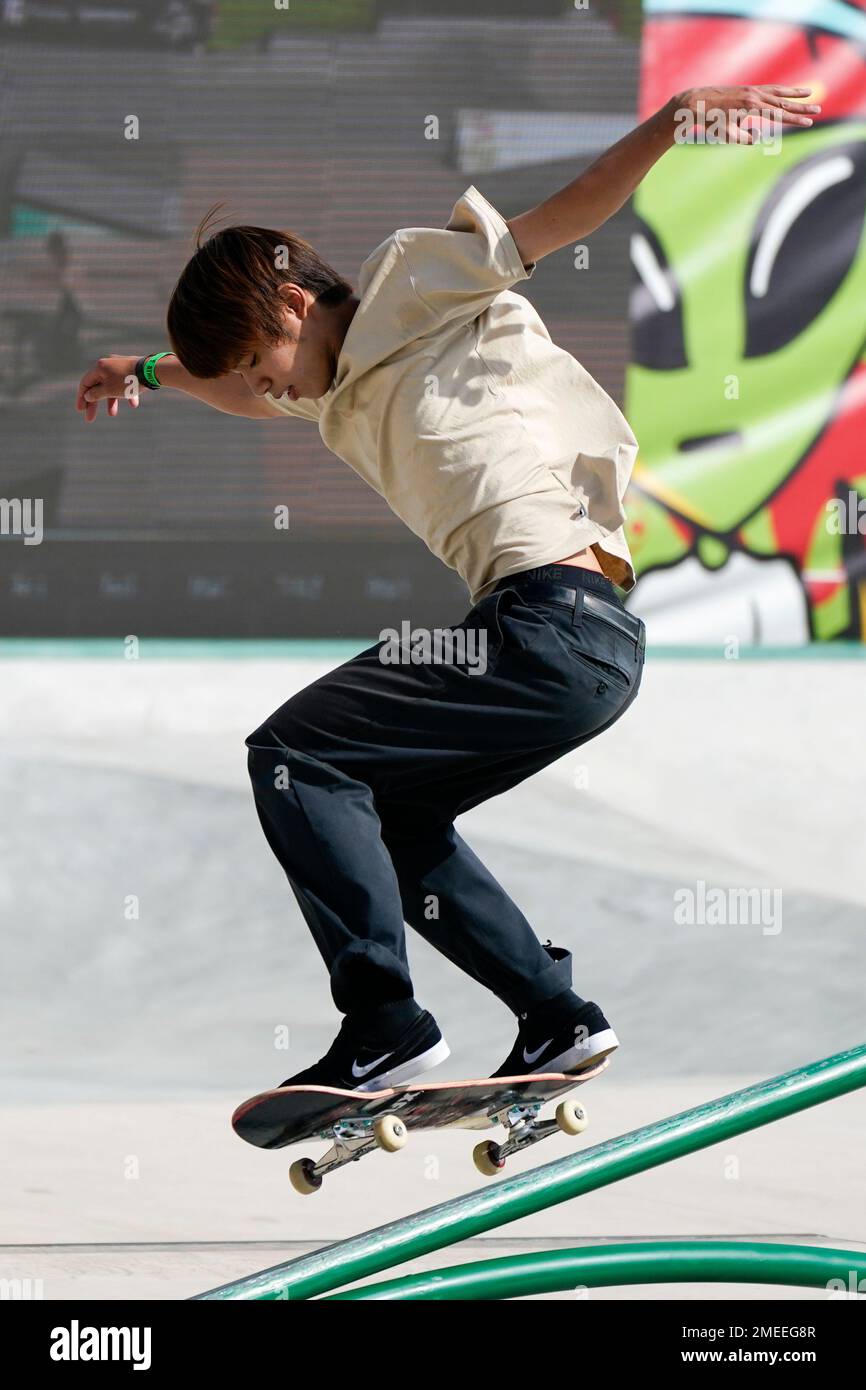 Yuto Horigome, of Japan, competes in the men's Street Final during an ...