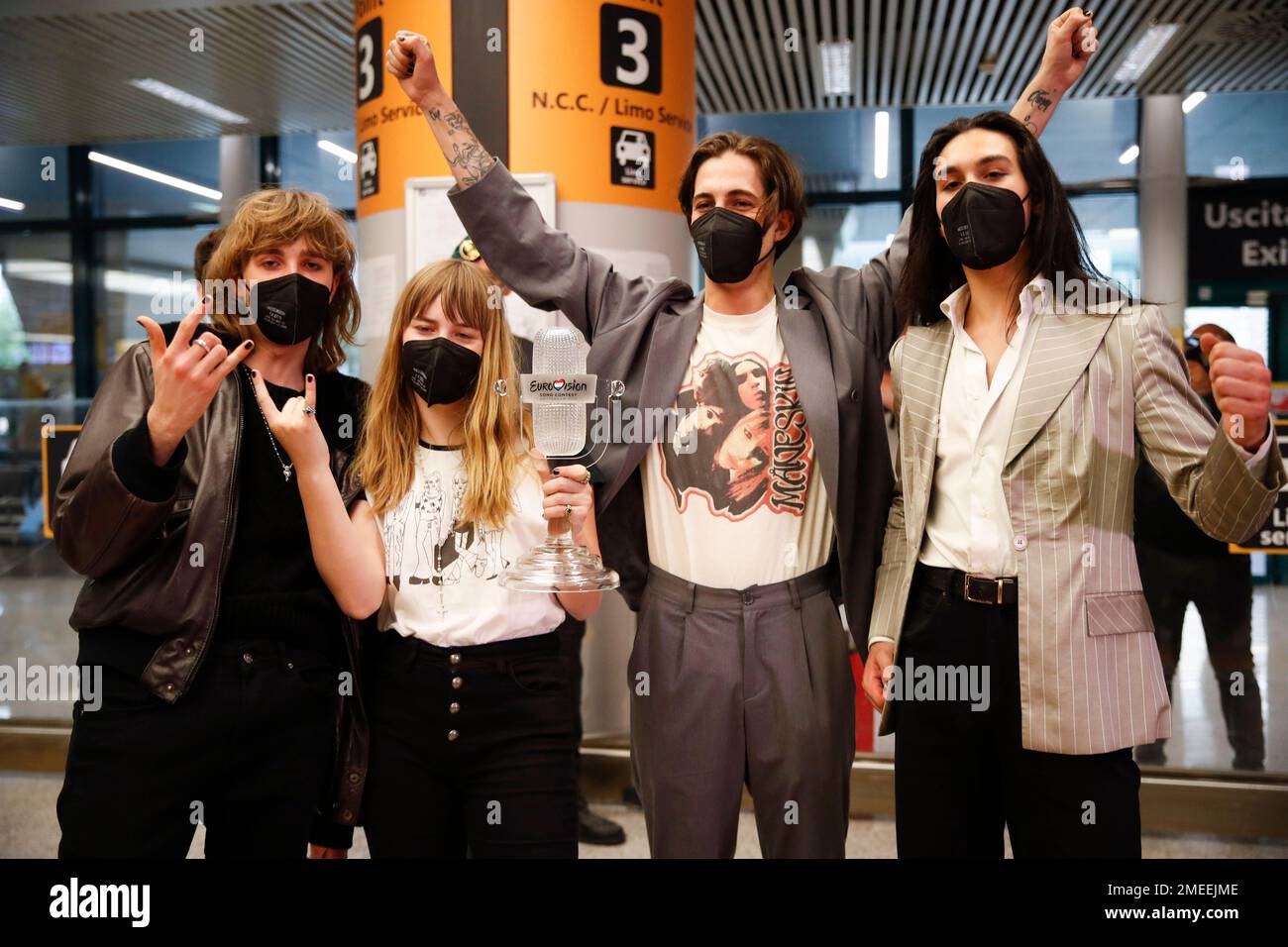 From left, Thomas Raggi, Victoria De Angelis, Damiano David, and Ethan Torchio, of Italian band ...
