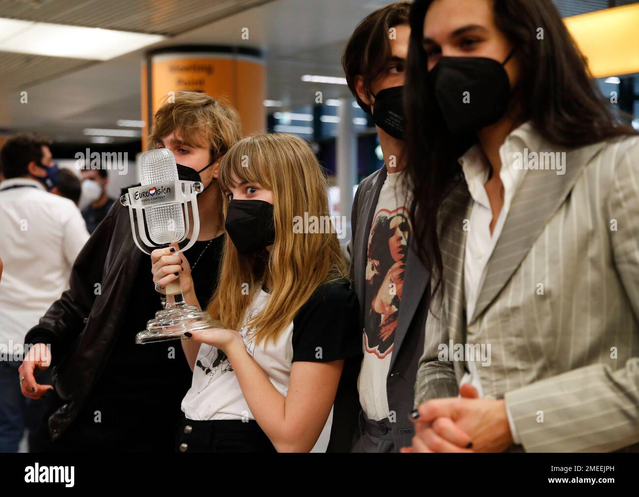 From left, Thomas Raggi, Victoria De Angelis, Damiano David, and Ethan Torchio, of Italian band ...
