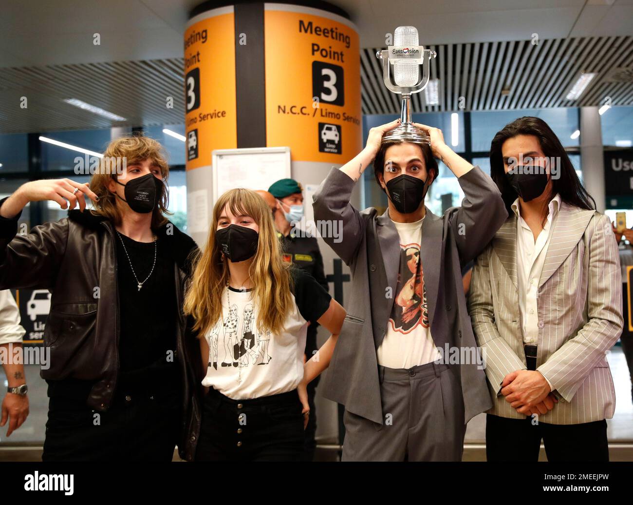 From left, Thomas Raggi, Victoria De Angelis, Damiano David, and Ethan Torchio, of Italian band ...