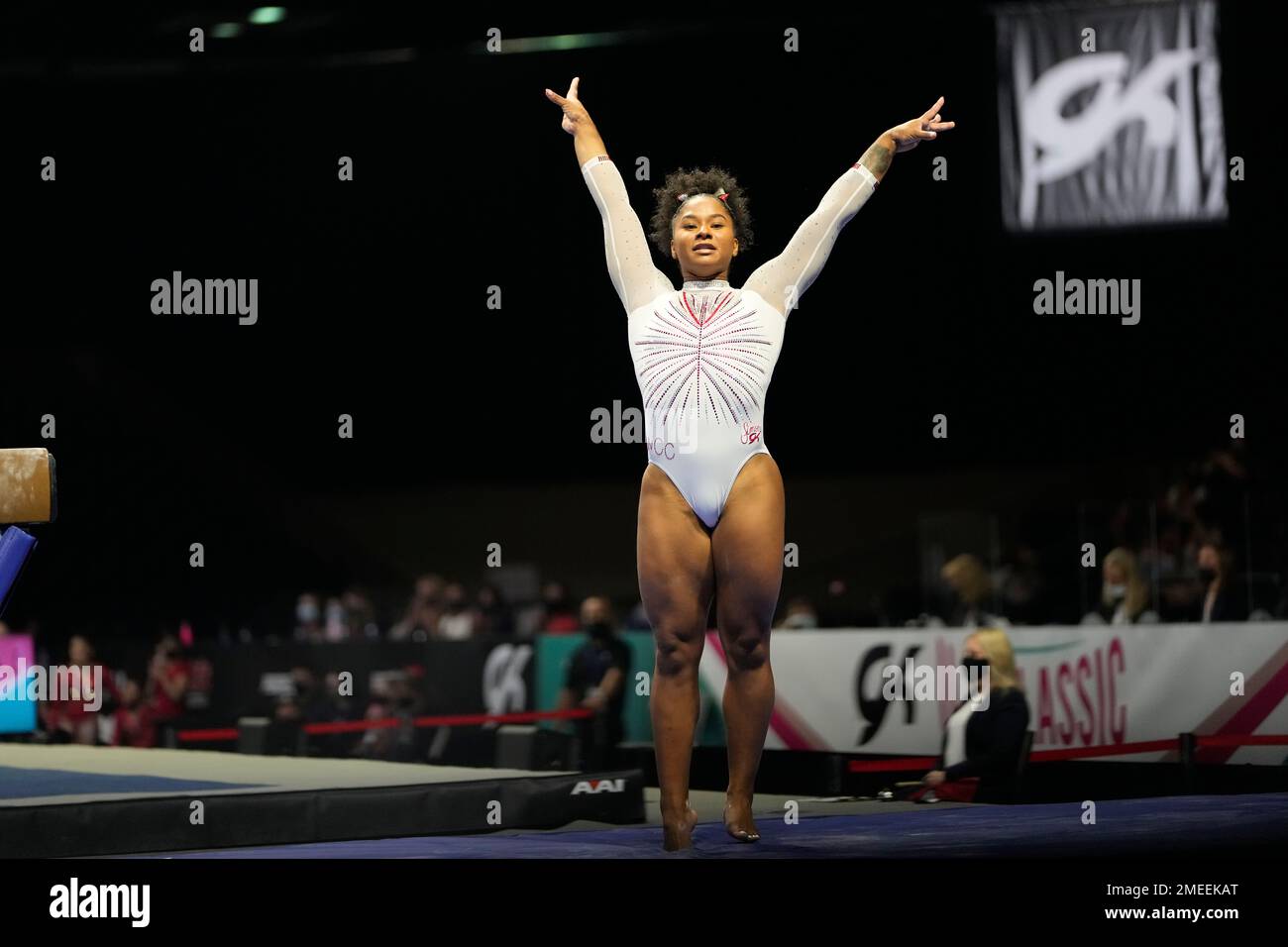 Jordan Chiles performs her floor routine on the uneven bars during the ...