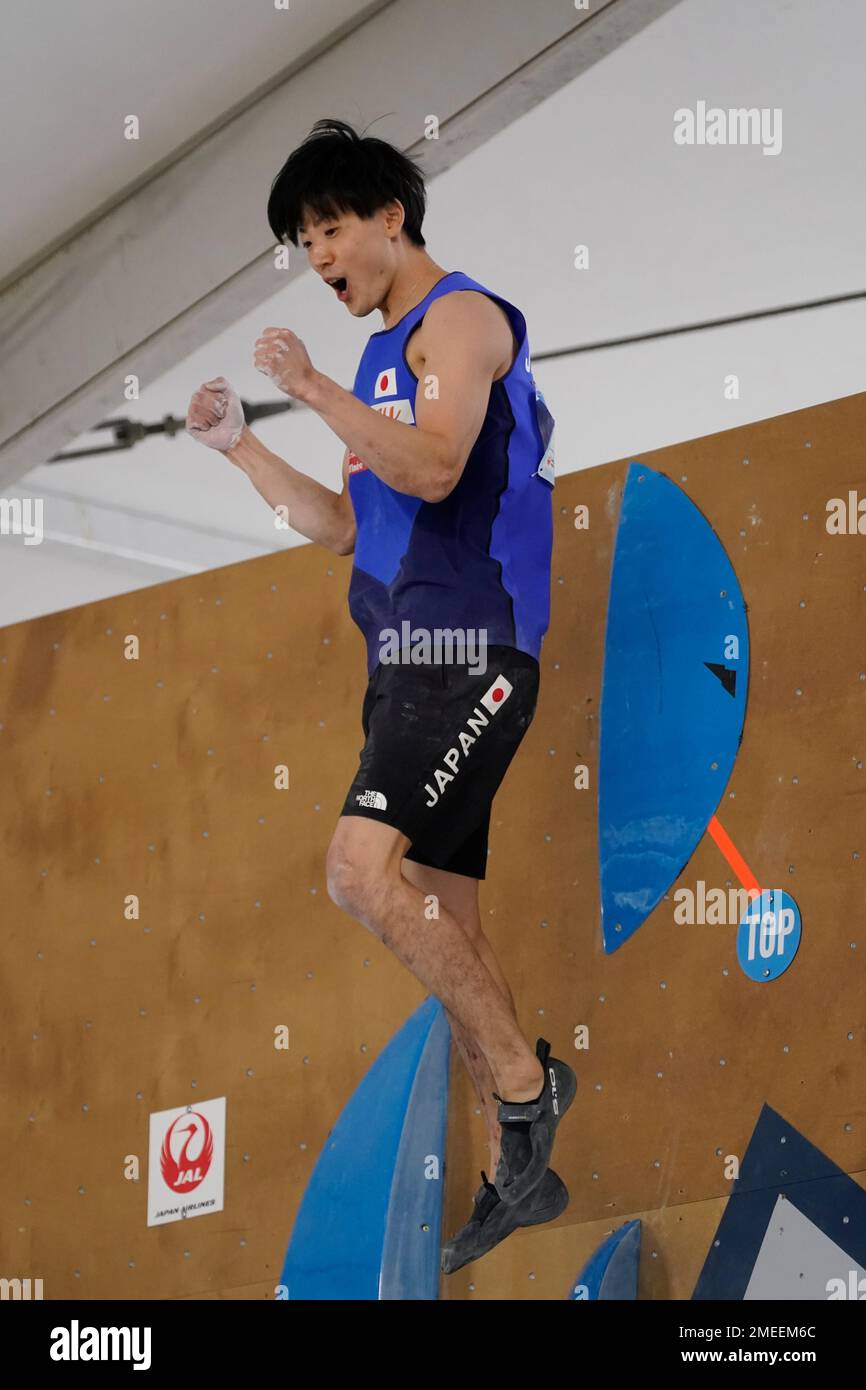 Japan's Kokoro Fujii celebrates during the men's boulder finals at the ...